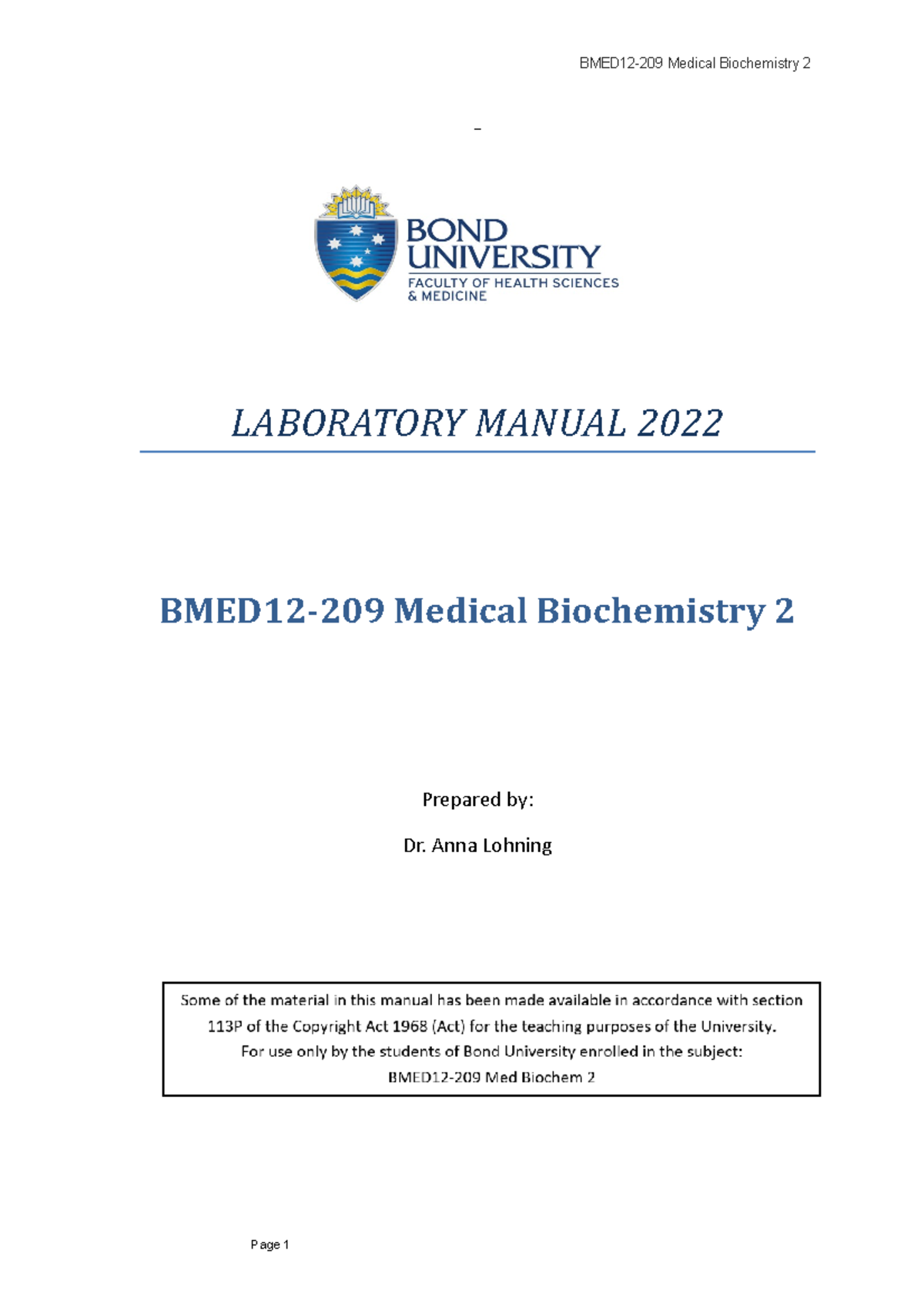 BMED12-209 Med Biochem 2 Lab Manual 2022 - LABORATORY MANUAL 2022 ...