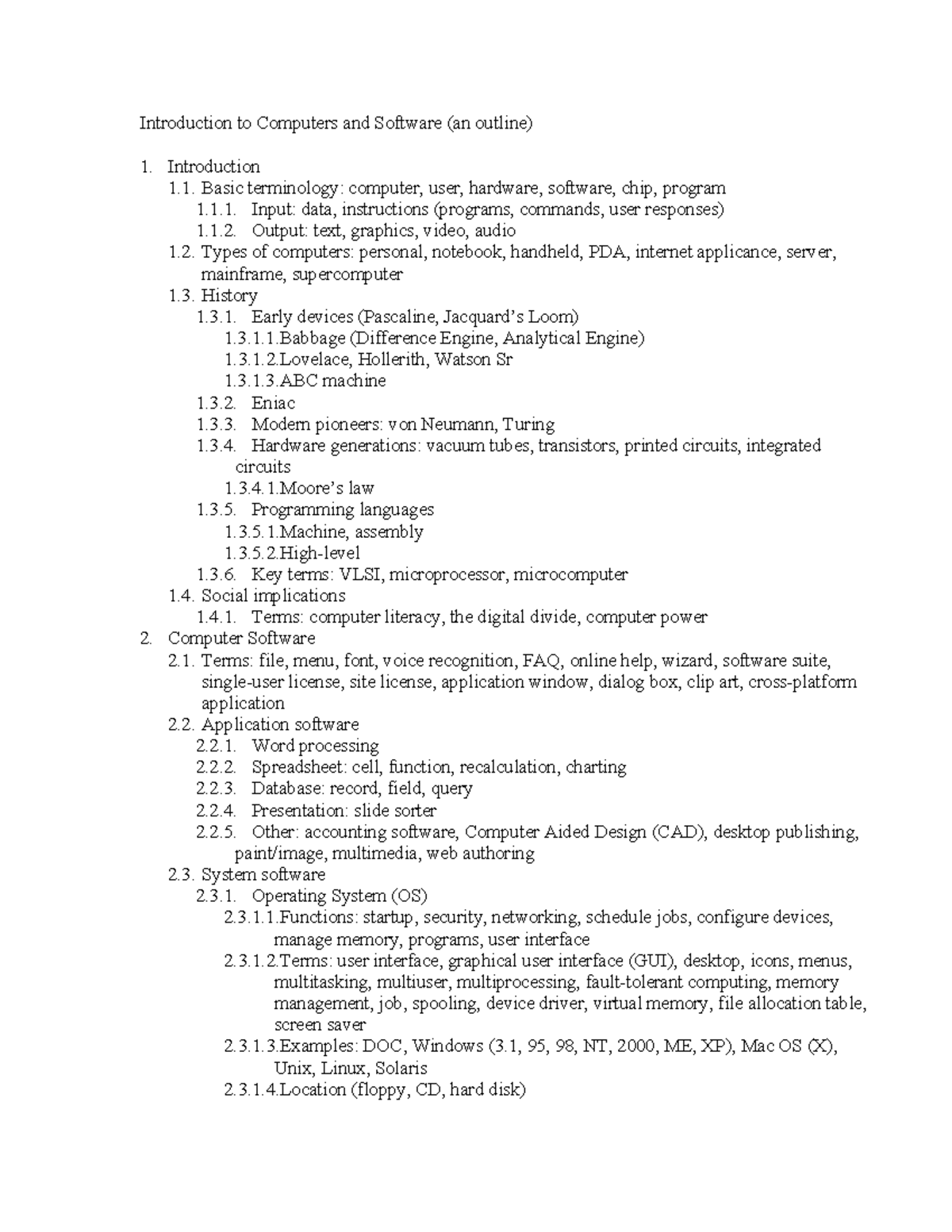 Course-outline - Introduction to Computers and Software (an outline ...