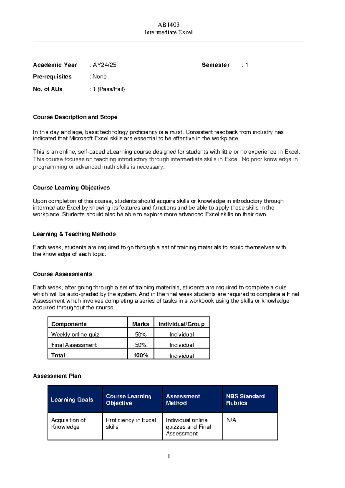 AB1403 Intermediate Excel S1 AY24-25 Course Outline - AB Intermediate Excel - Studocu