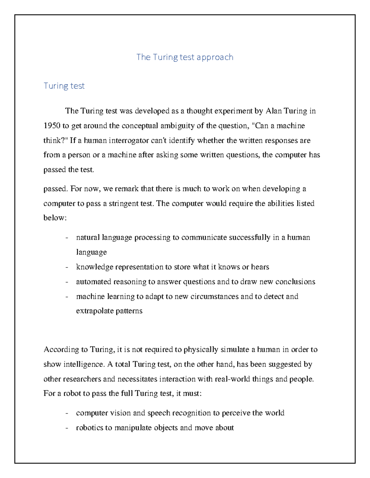 The Turing test approach - The Turing test approach Turing test The ...