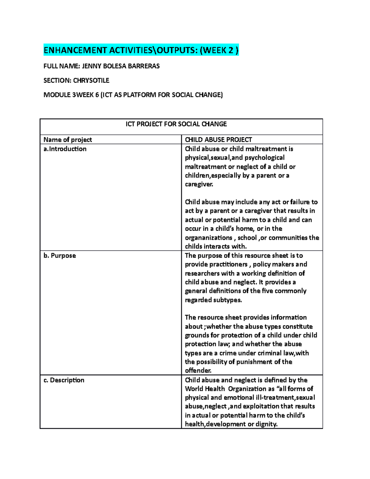 ICT Project FOR Social Change - ENHANCEMENT ACTIVITIES\OUTPUTS: (WEEK 2 ...