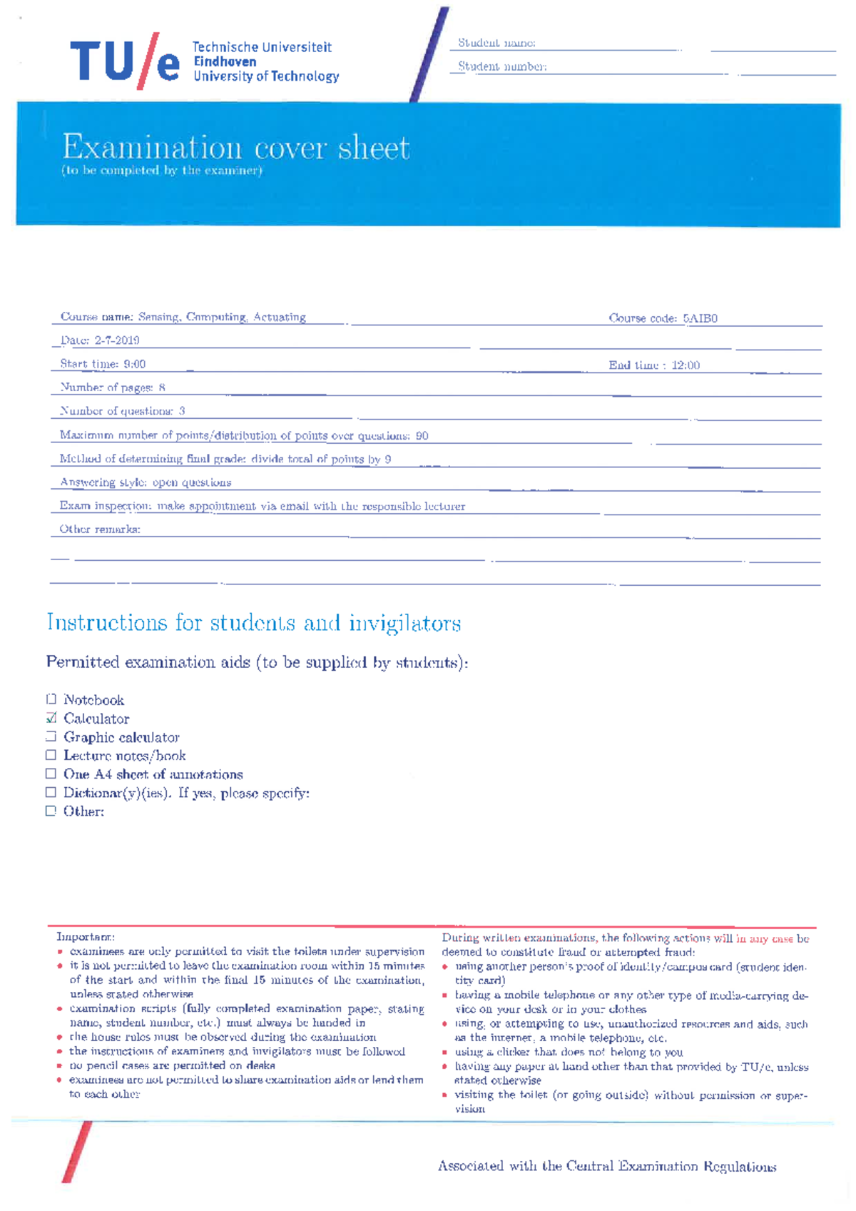 5AIB0 Exercises Lecture 1 - Sensing computing & actuating - Studeersnel