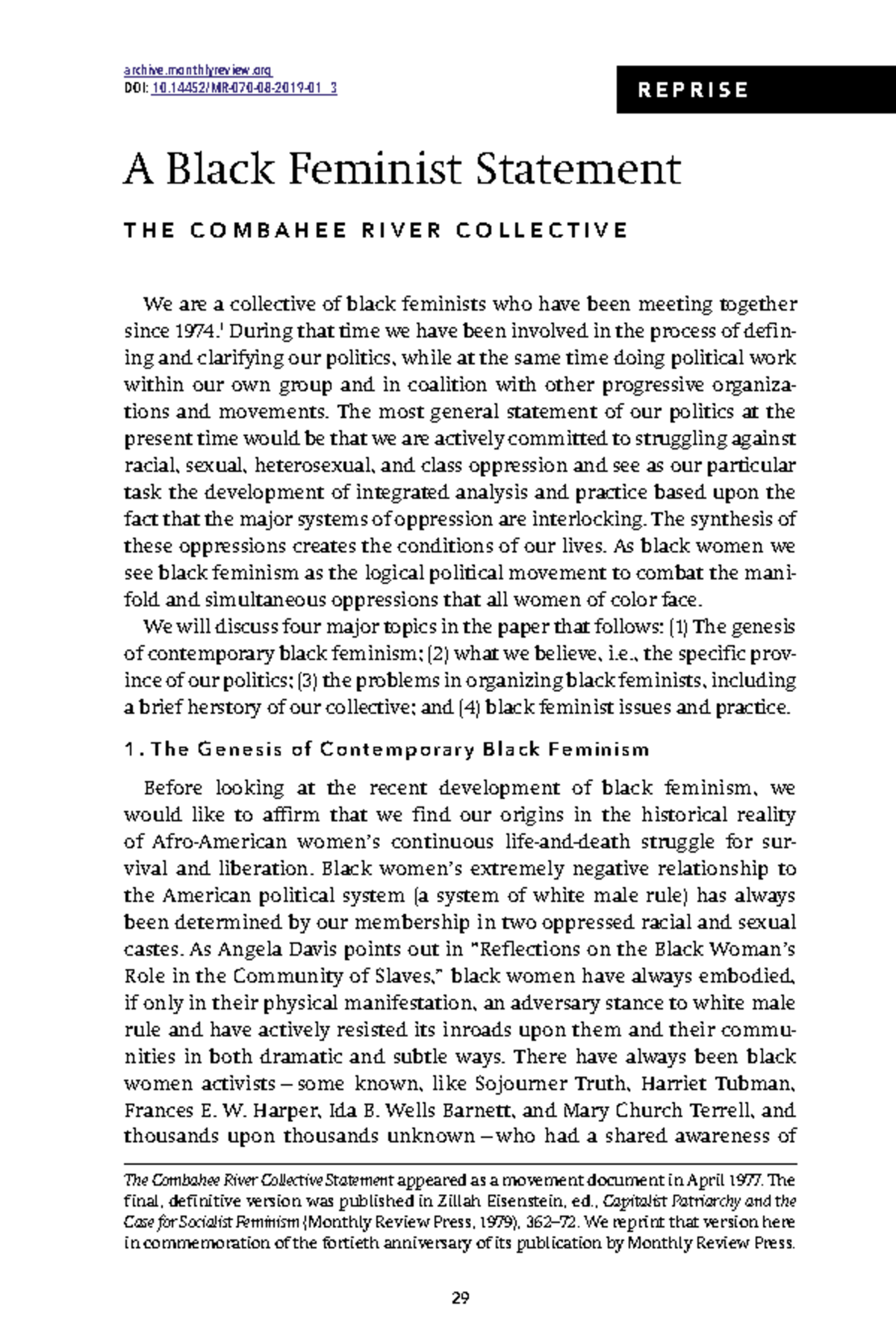 A Black Feminist Statement THE Combahee River Collective - A Black ...