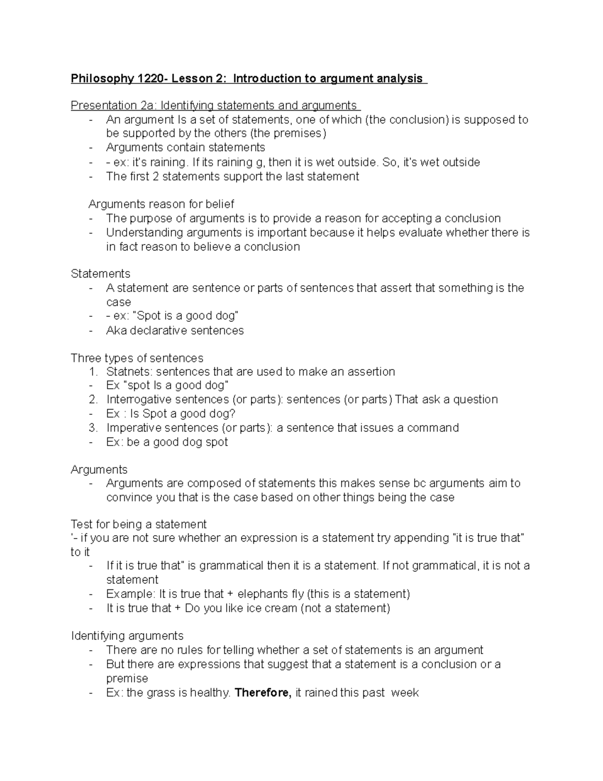 Philosophy 1220- Lesson 2 Introduction to argument analysis - If its ...