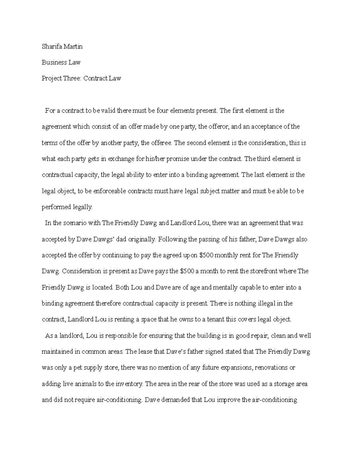 Business Law Project 3 Contract Law Paper - Sharifa Martin Business Law ...