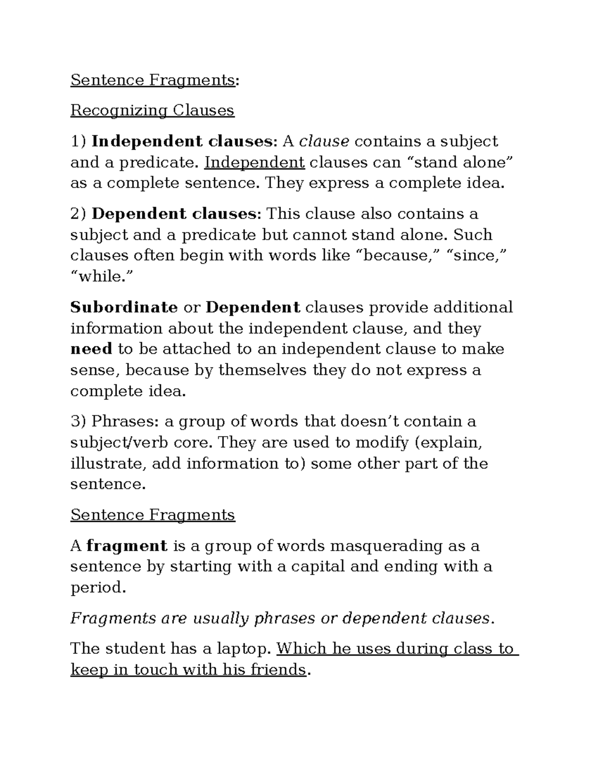 Grammar Lesson # 2 - notes during workshop - Sentence Fragments ...