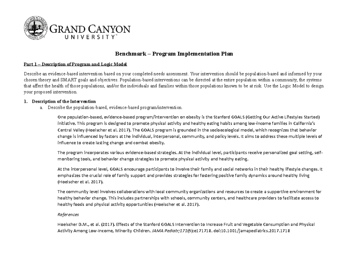 PUB 620 RS6 Benchmark Program Implemenation Plan - Benchmark – Program Implementation Plan Part ...