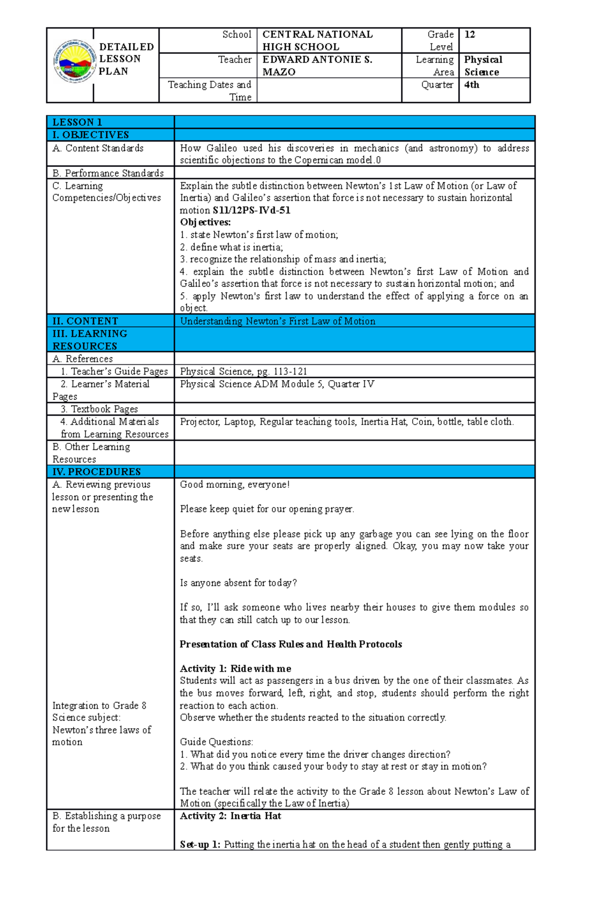 Phy Sci Understanding Newton’s First Law of Motion - DETAILED LESSON ...