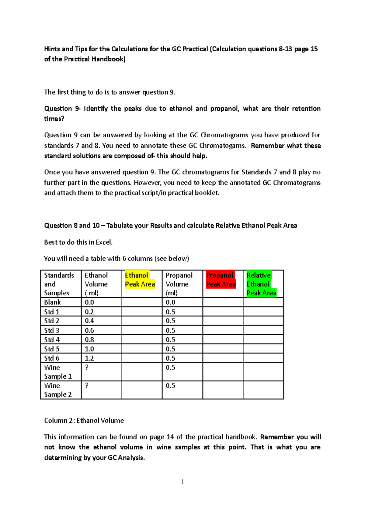 Hints and Tips for the Calculations for the GC Practicals - Question 9 ...