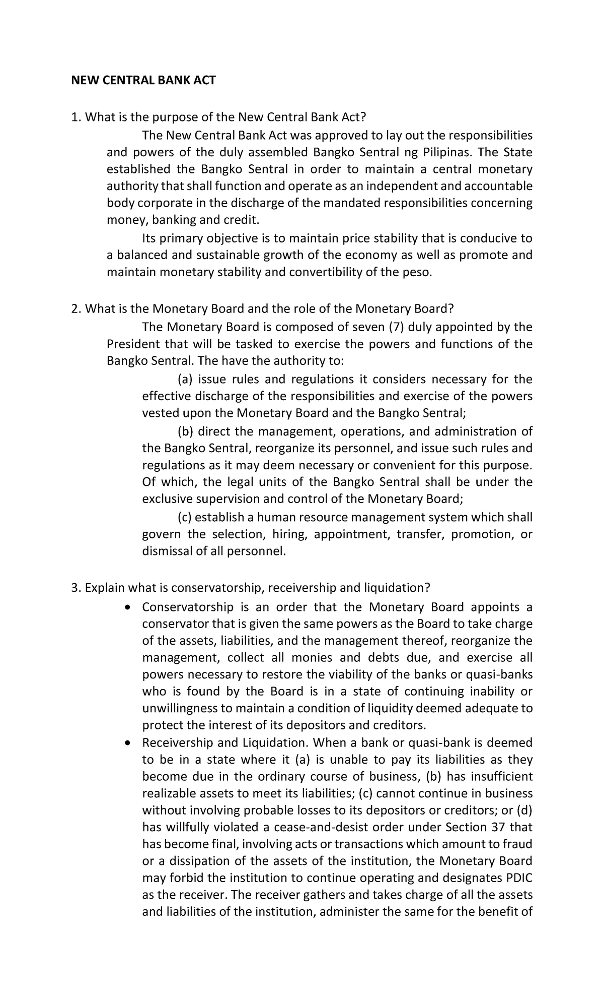 Law New Central Bank Act - NEW CENTRAL BANK ACT What is the purpose of ...