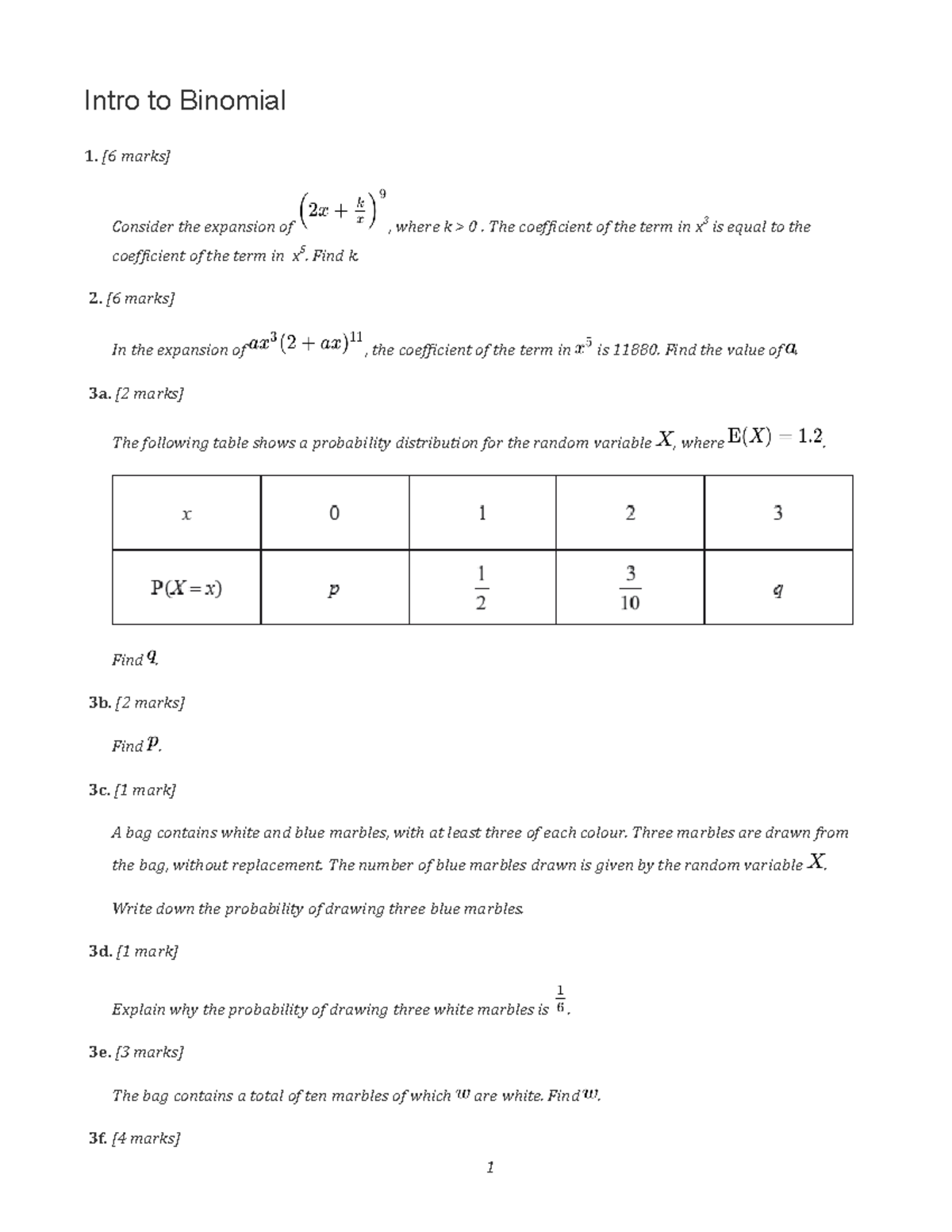 Intro to binomial past paper questions - Intro to Binomial [6 marks ...