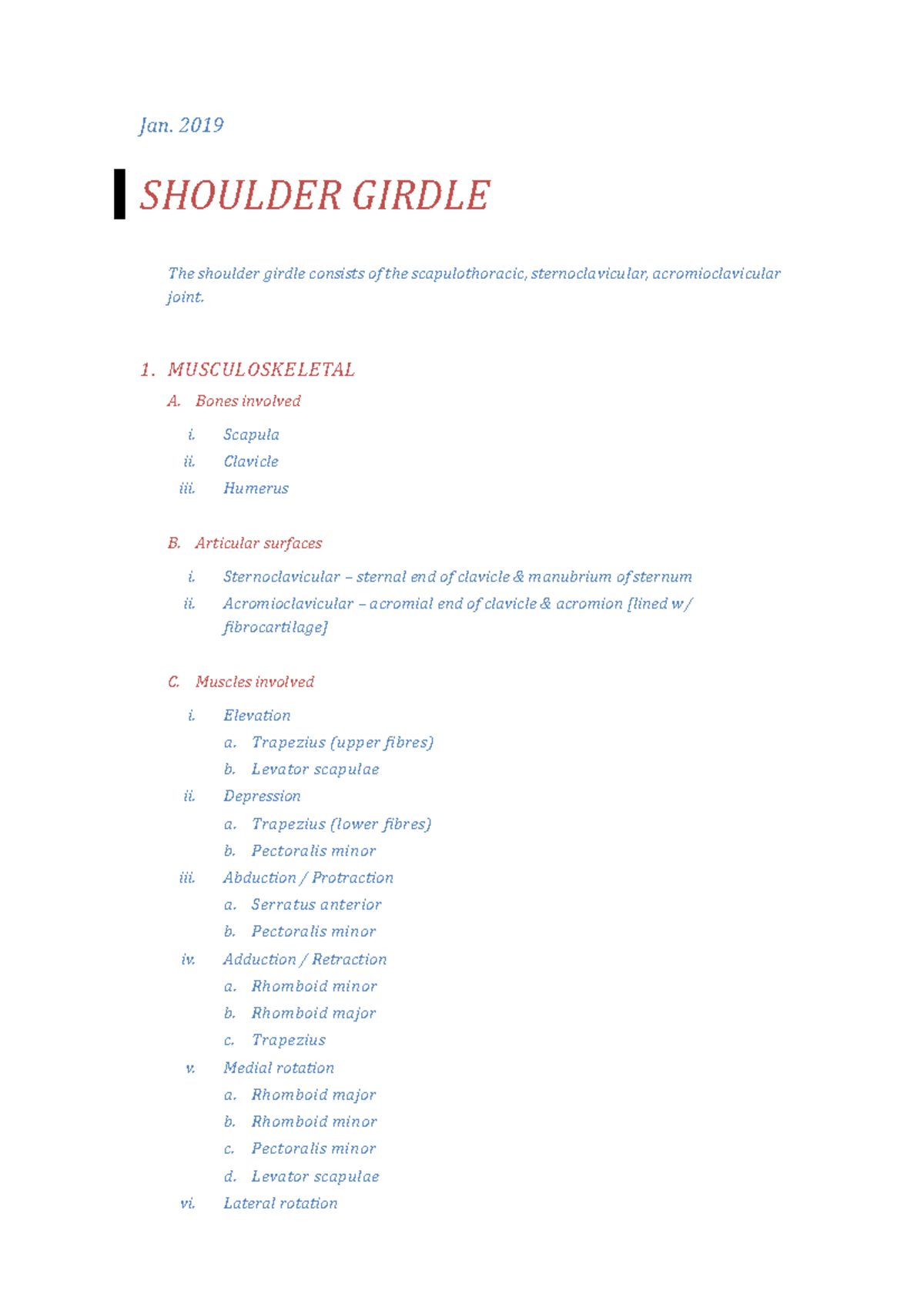 Shoulder Girdle Notes - Jan. 2019 SHOULDER GIRDLE The shoulder girdle ...