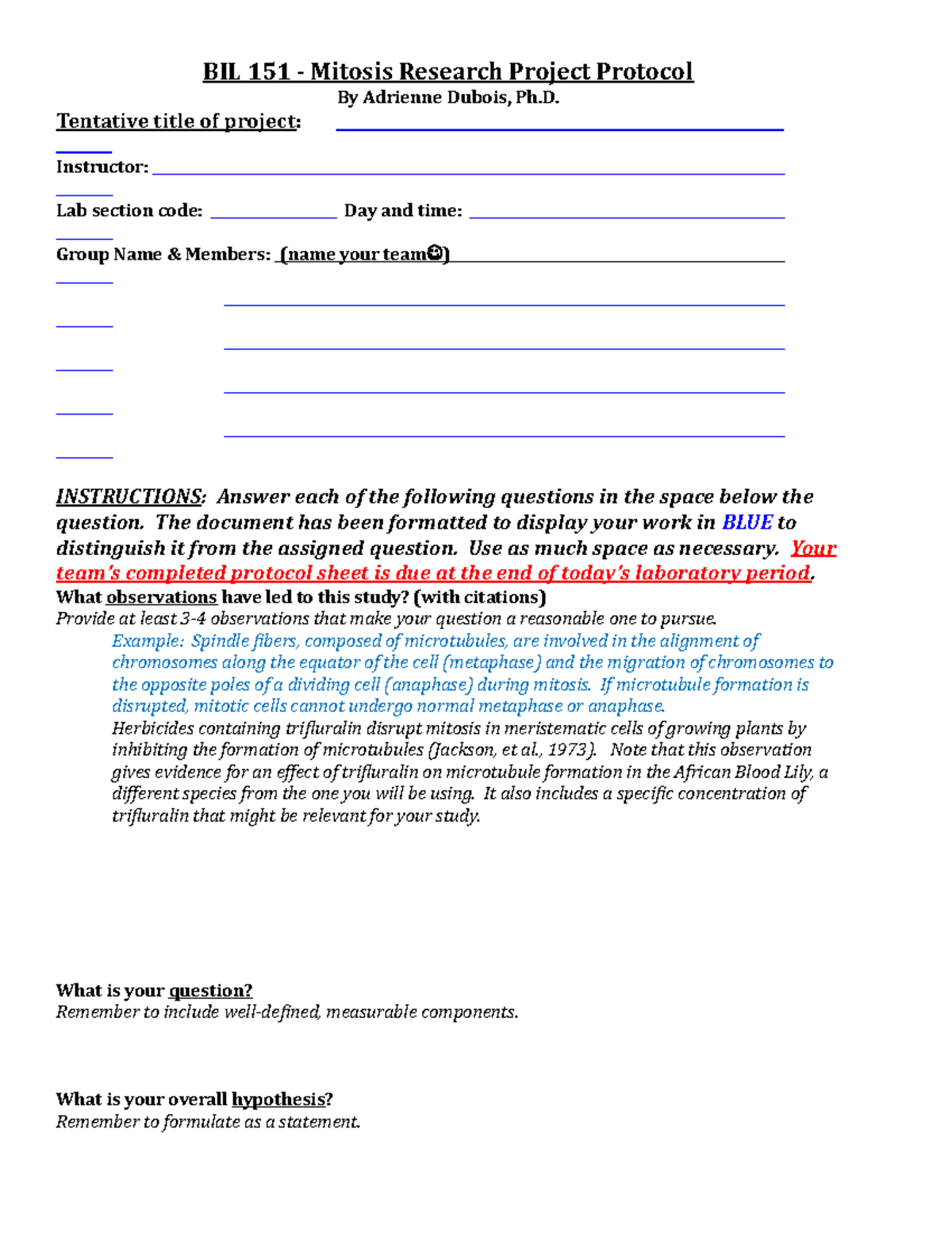 151F14 mitosis protocol worksheet - BIL 151 - Mitosis Research Project ...