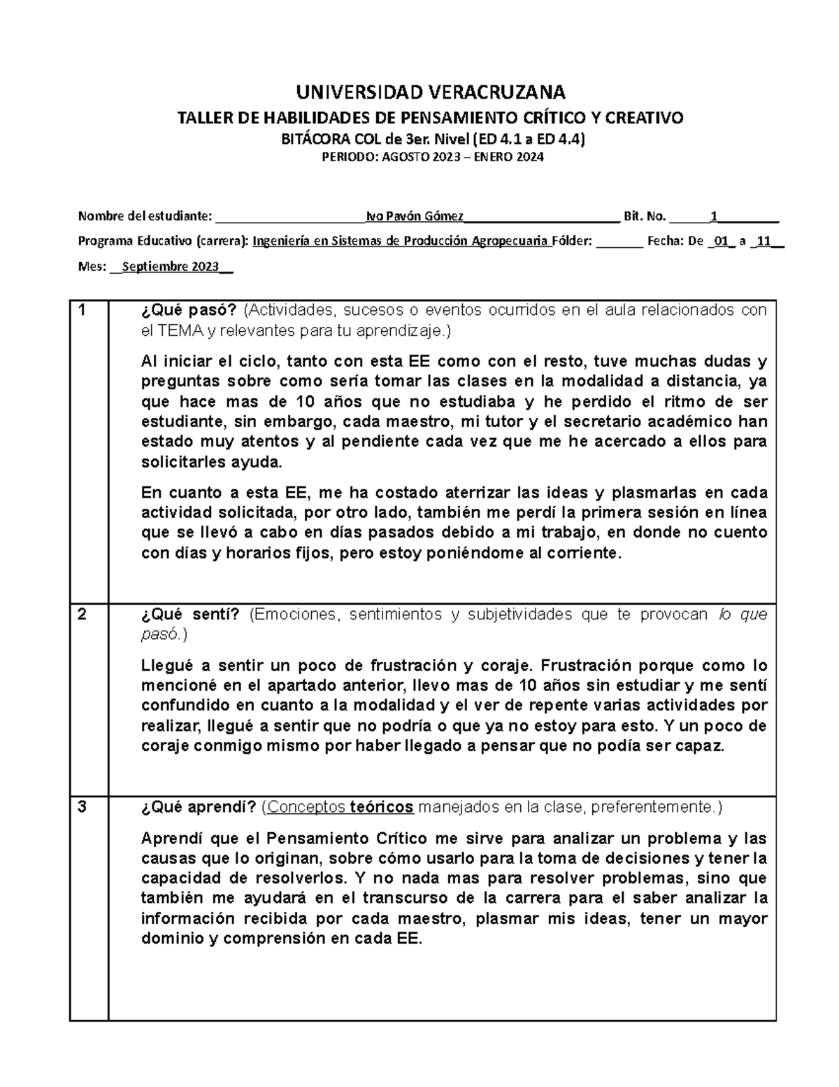 Bitacora COL tercer nivel - UNIVERSIDAD VERACRUZANA TALLER DE ...