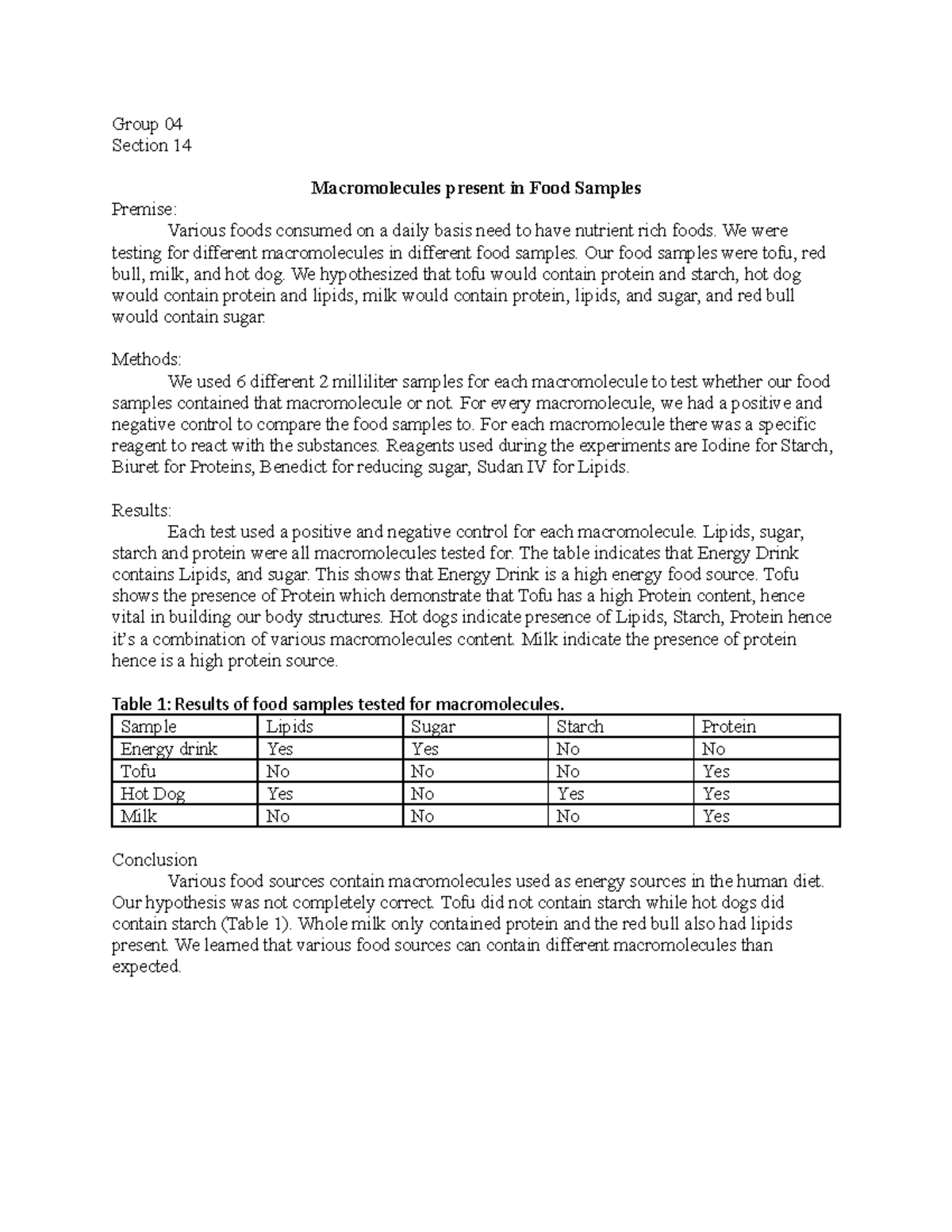 Macromolecules Lab - Group 04 Section 14 Macromolecules present in Food ...