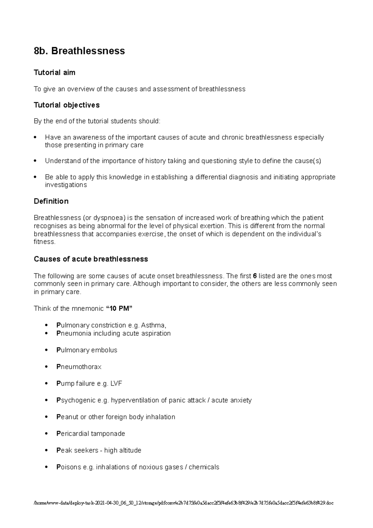 Lecture notes, lecture 8b - Breathlessness - 8b. Breathlessness ...