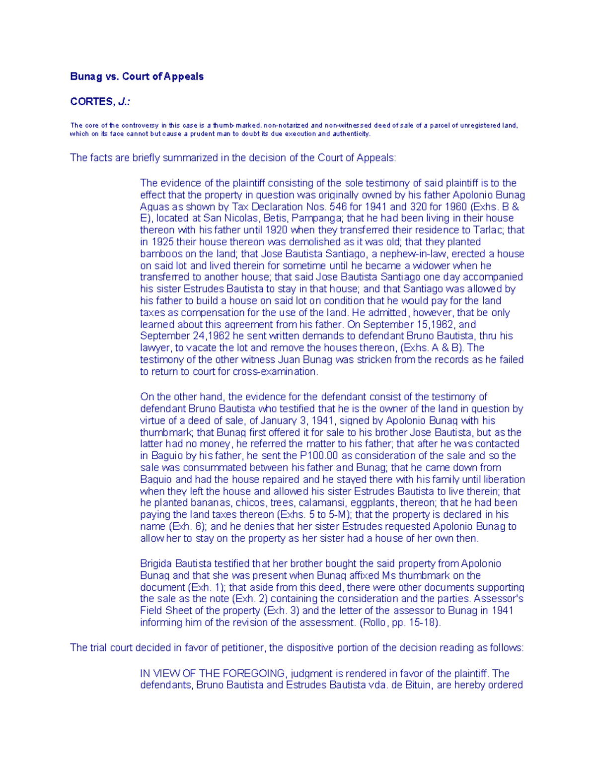 Bunag vs. Court of Appeals - Bunag vs. Court of Appeals CORTES, J.: The ...