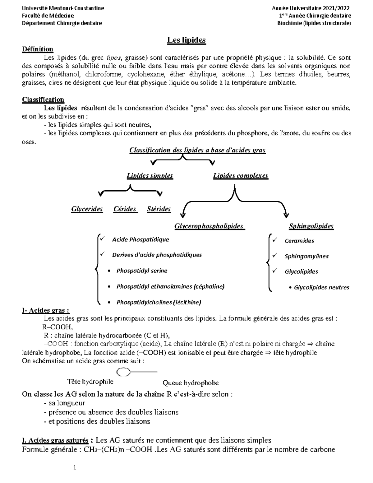 Les-lipides - Summary biochimie clinique - Faculté de Médecine 1 ere Année Chirurgie dentaire ...