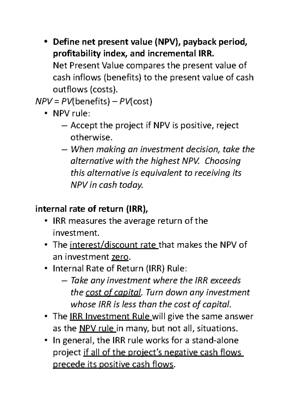 Definitions - Definition of NPV, IRR - Define net present value (NPV ...
