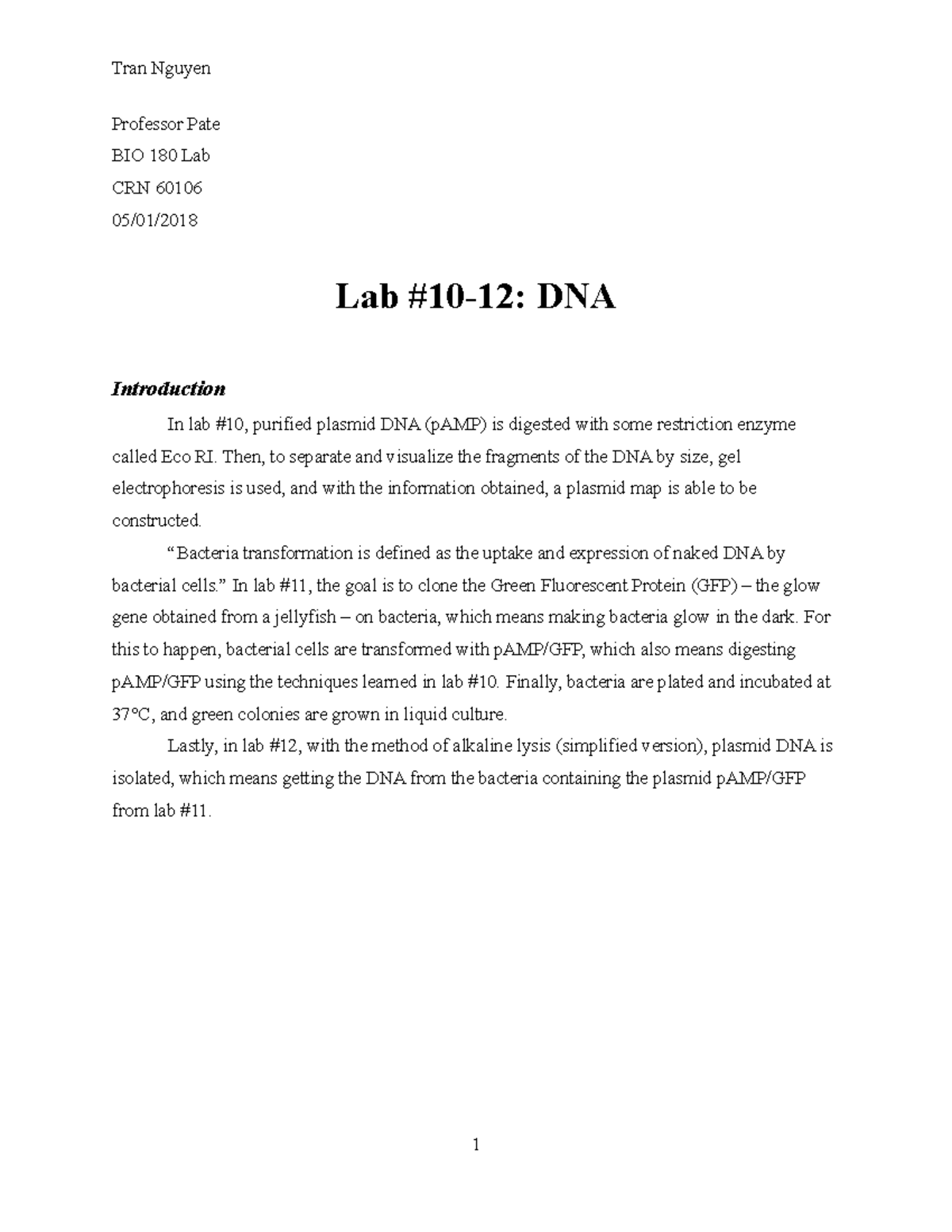 Lab 10-12 - lab report - Tran Nguyen Professor Pate BIO 180 Lab CRN ...
