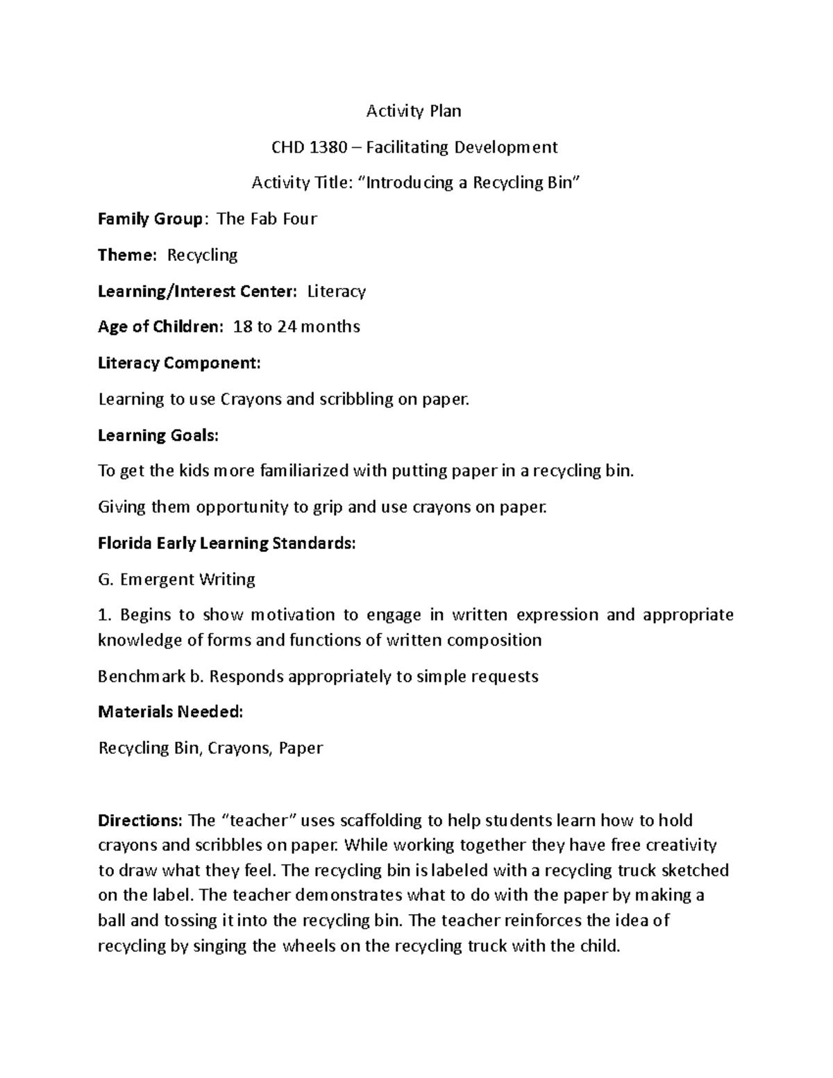 Activity Plan Template.Fab Four.Recycling - Activity Plan CHD 1380 ...