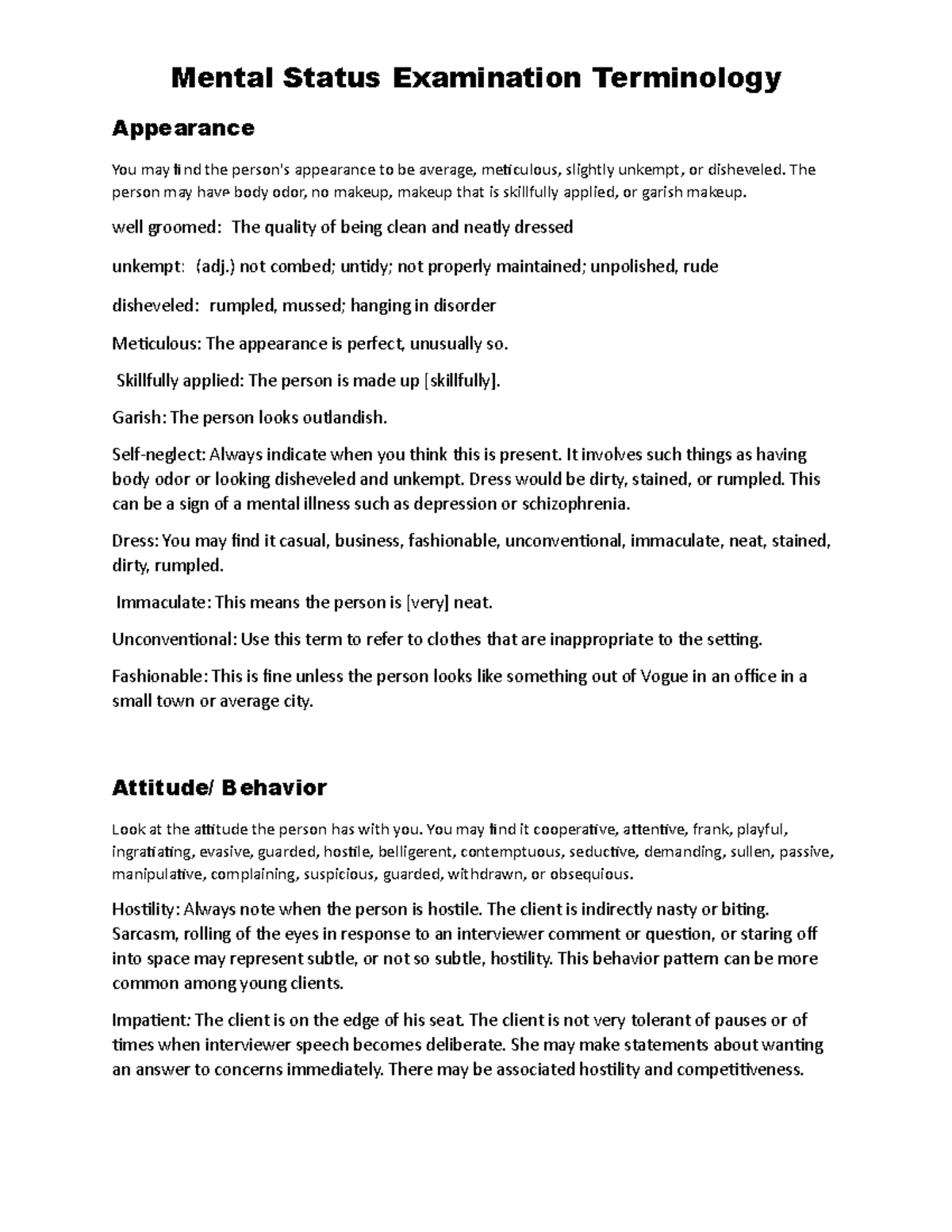 Mental Health Education- MSE terminology with definitions - Appearance ...