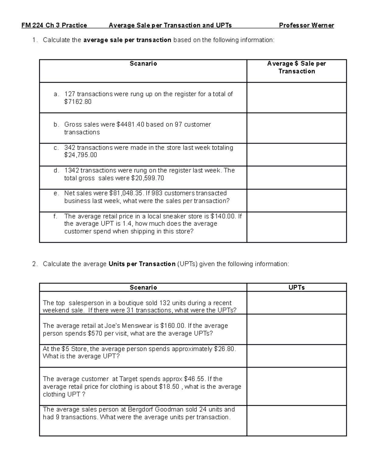 FM 224 Ch 3 Practice - Avg Sale per Transaction and UPTs - 127 ...