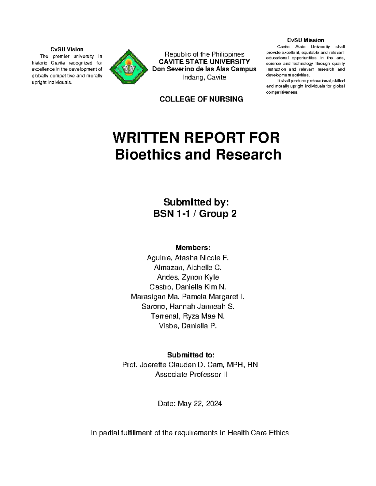 GR 2 Written Report - COLLEGE OF NURSING WRITTEN REPORT FOR Bioethics ...