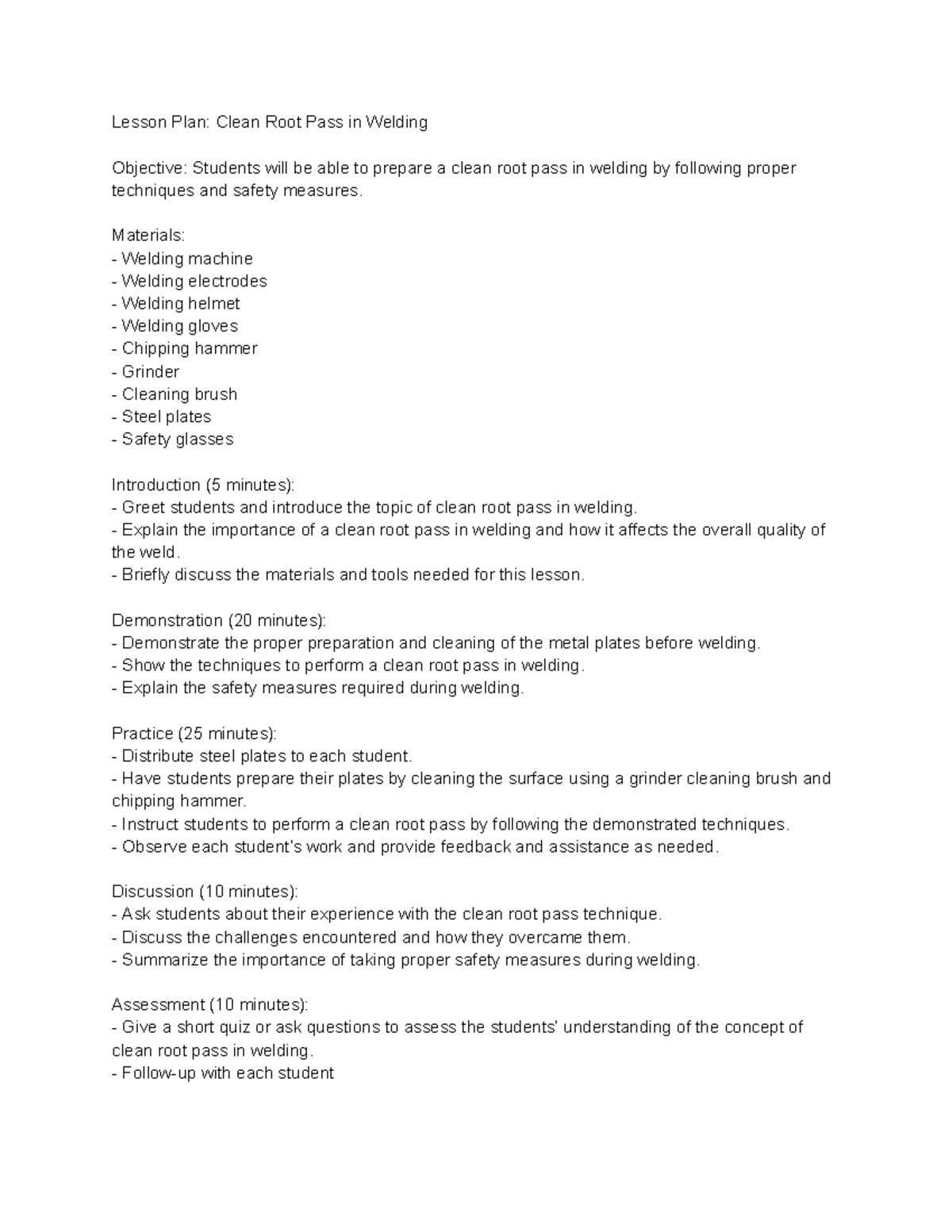 Lesson plan root pass - useful notes - Lesson Plan: Clean Root Pass in ...