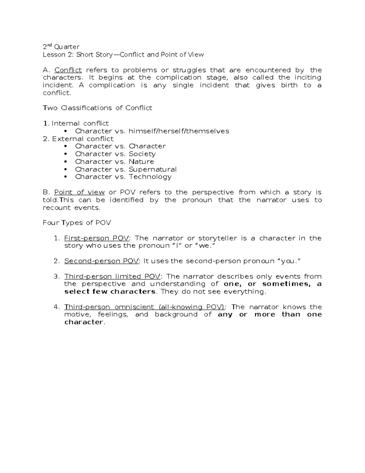 Short Story - Eng 7 - POV Conflict - 2 nd Quarter Lesson 2: Short Story ...