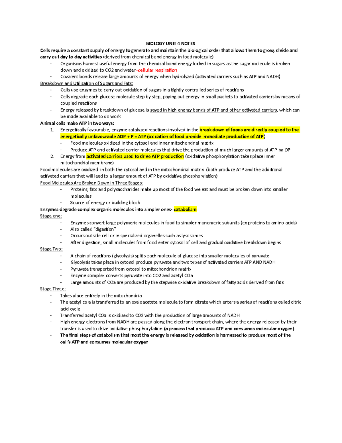 Biology UNIT 4 Notes - BIOLOGY UNIT 4 NOTES Cells require a constant ...