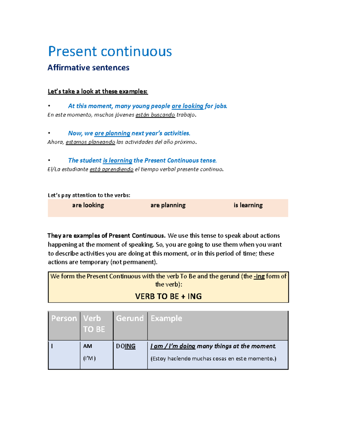 Present Continuous Quantifiers - Present continuous Affirmative ...