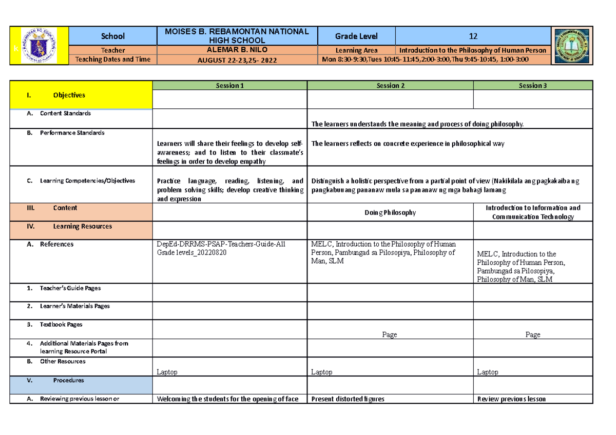 Week 1 - Summary of Lesson - k School MOISES B. REBAMONTAN NATIONAL ...