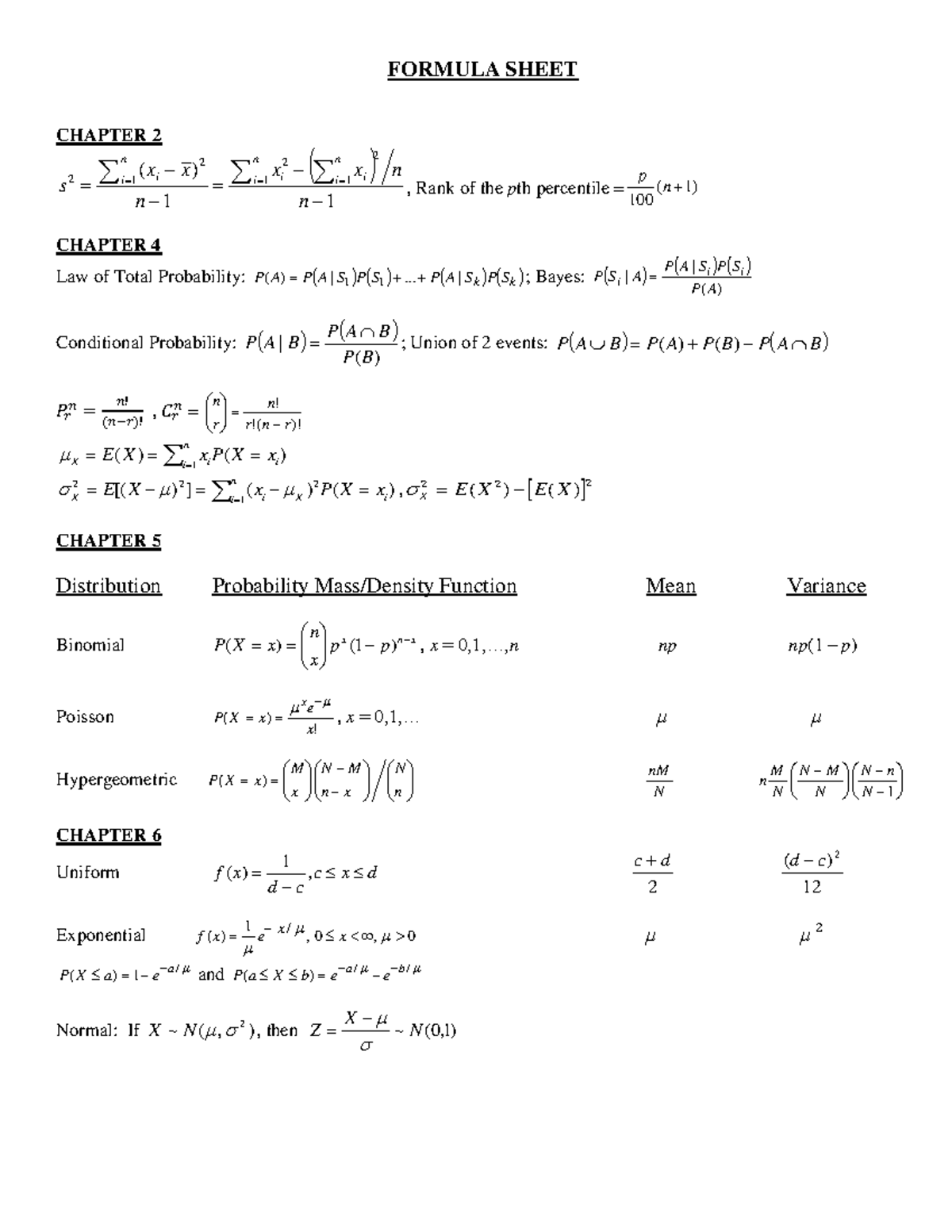 Final Formula Sheet - Vggg - FORMULA SHEET CHAPTER 2 1 1 ( ) 1 2 1 2 1 ...
