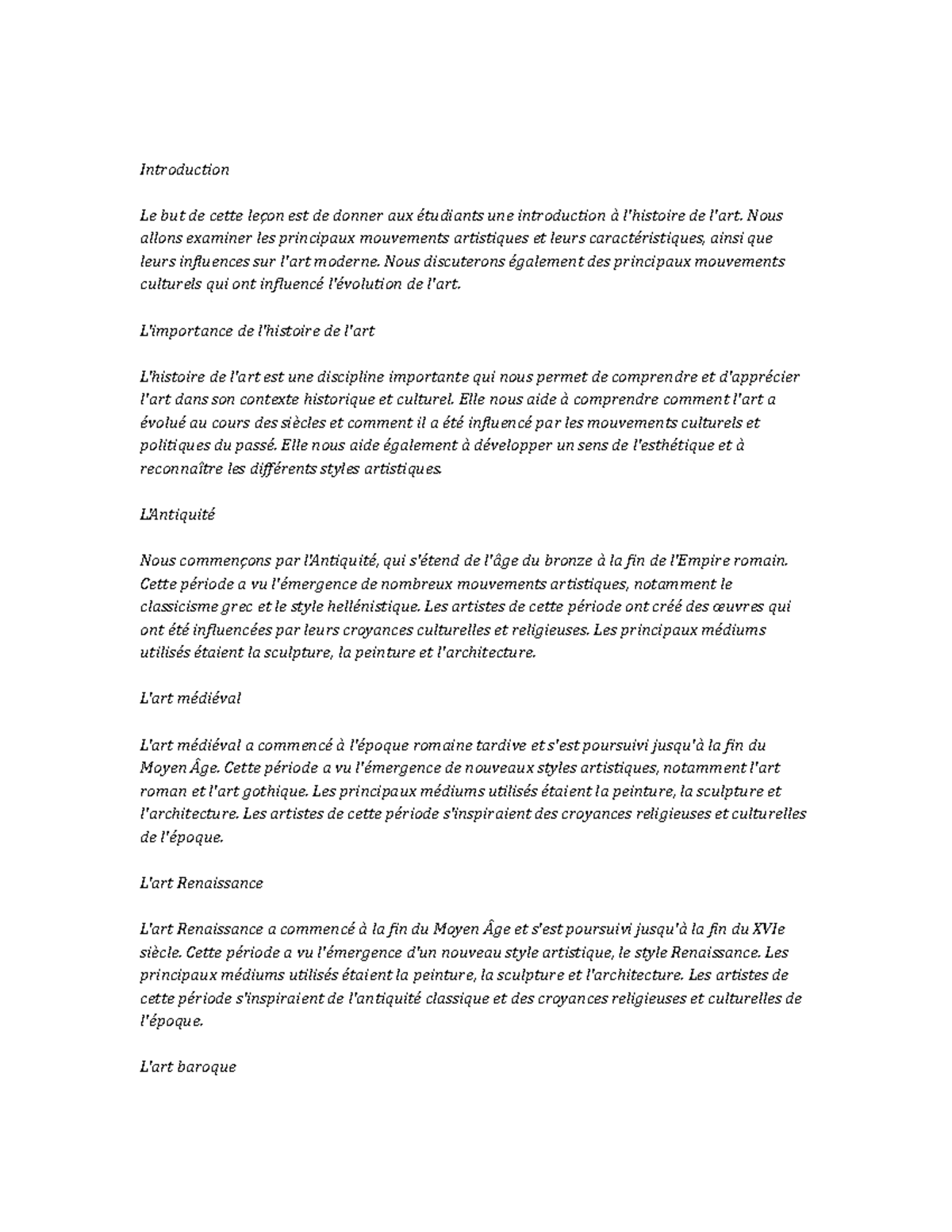 Art History Study Notes - Introduction Le but de cette leçon est de ...