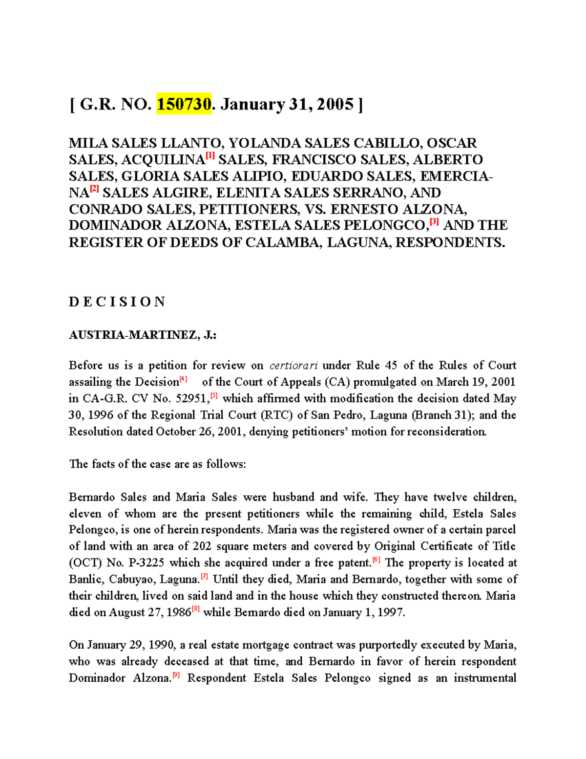 Llanto mortgage - Commercial Law - [ G. NO. 150730. January 31, 2005 ...