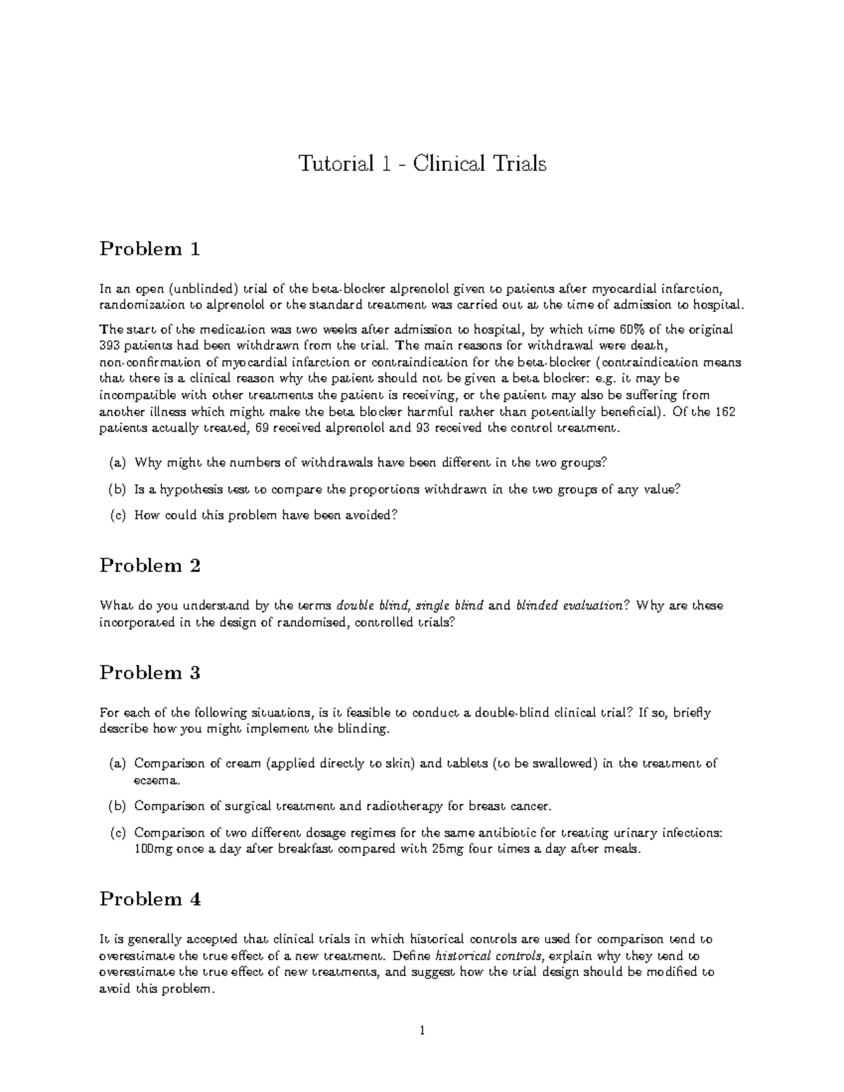 Tutorial-1-Clinical-Trials - Tutorial 1 - Clinical Trials Problem 1 In ...