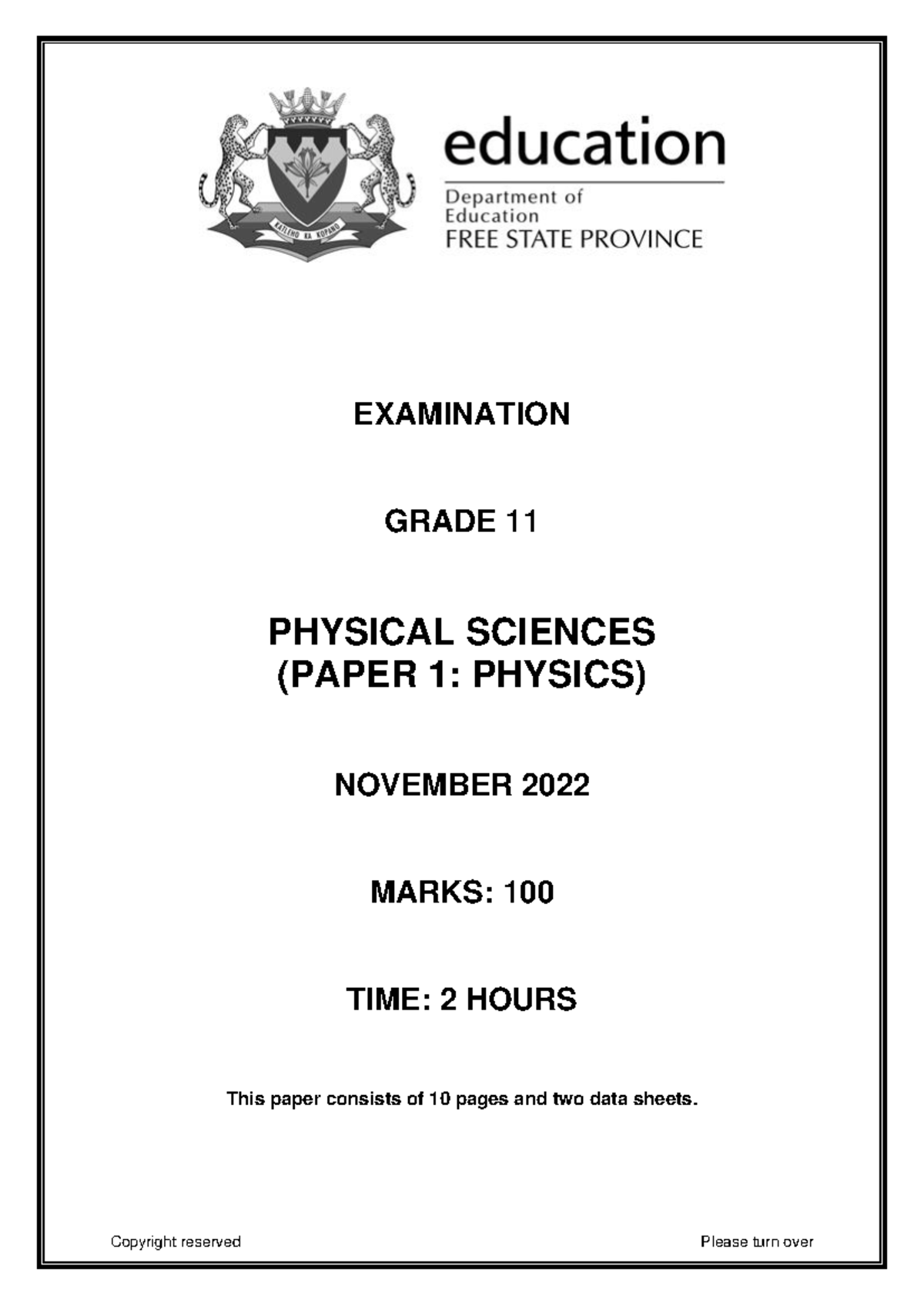 2022 FS Phy Sci Gr 11 Nov Exam P1 Eng - EXAMINATION GRADE 1 1 PHYSICAL ...