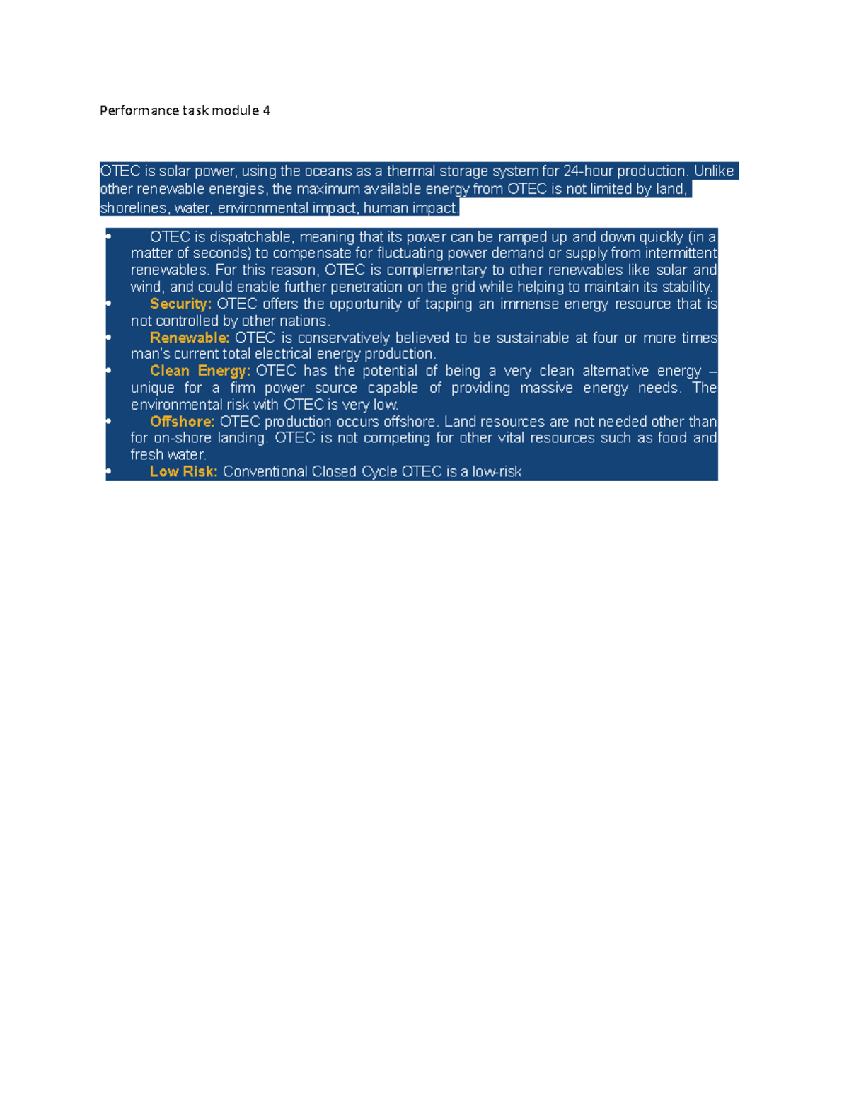 Performance task module 4 - Unlike other renewable energies, the maximum available energy from ...