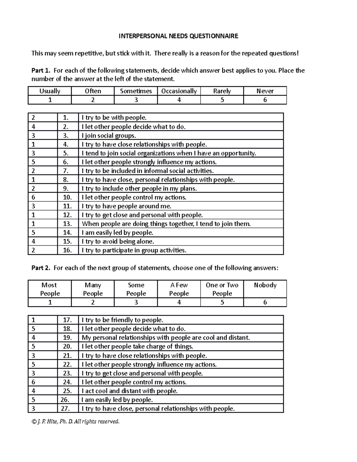 Interpersonal Needs Assessment - INTERPERSONAL NEEDS QUESTIONNAIRE This ...