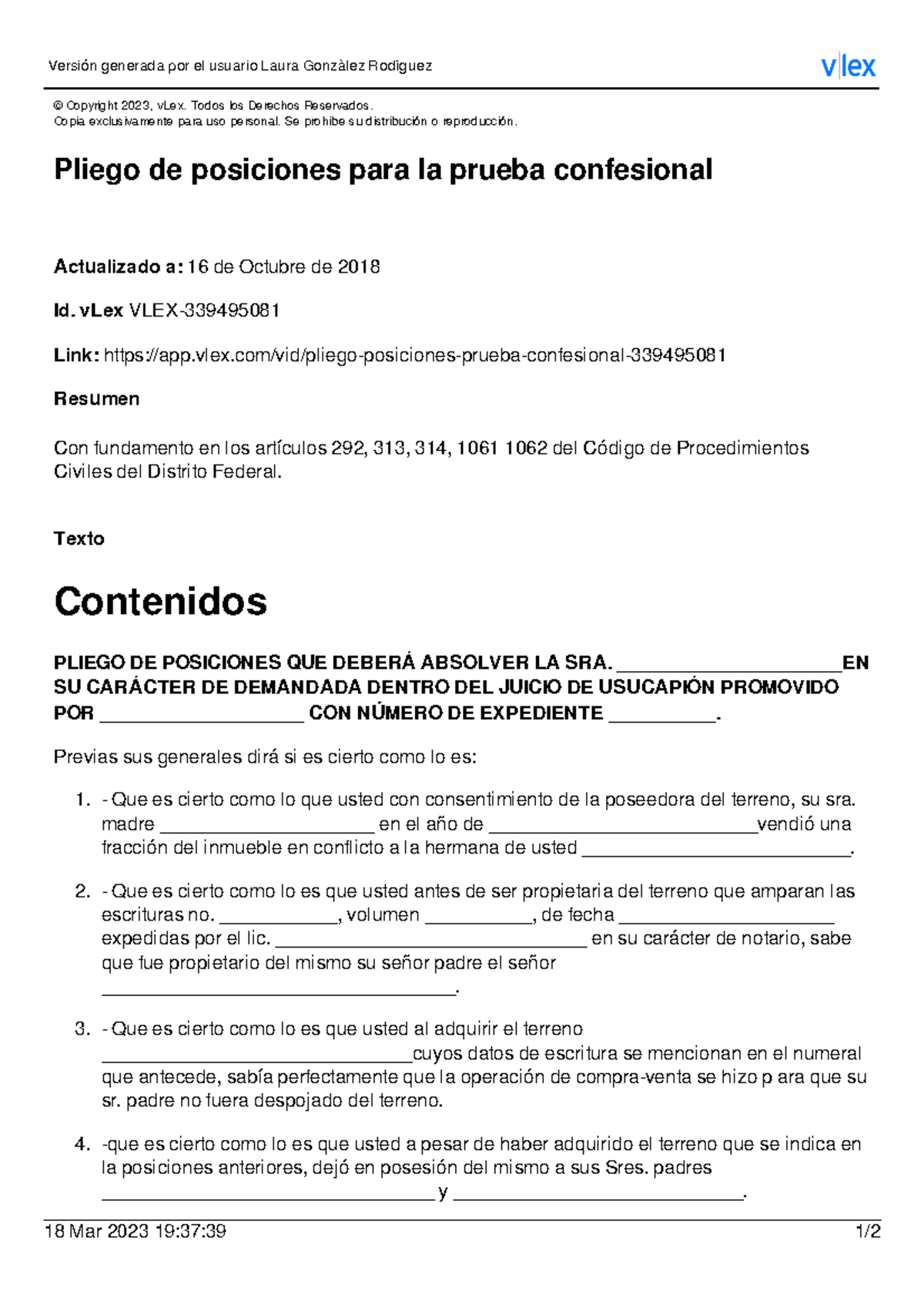 Pliego de posiciones para la prueba confesional pliego de po - © Copyright 2023, vLex. Todos los ...