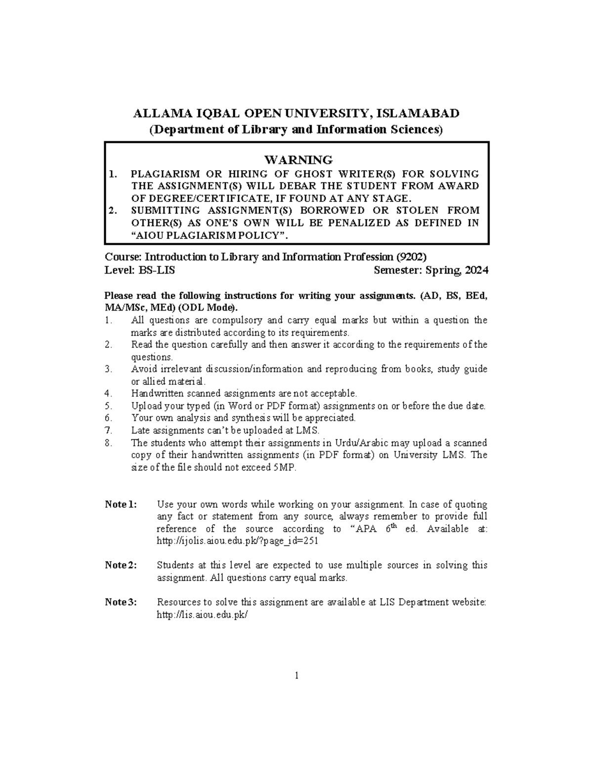 9202 - AIOU BS LIB SCIENCE - ALLAMA IQBAL OPEN UNIVERSITY, ISLAMABAD ...