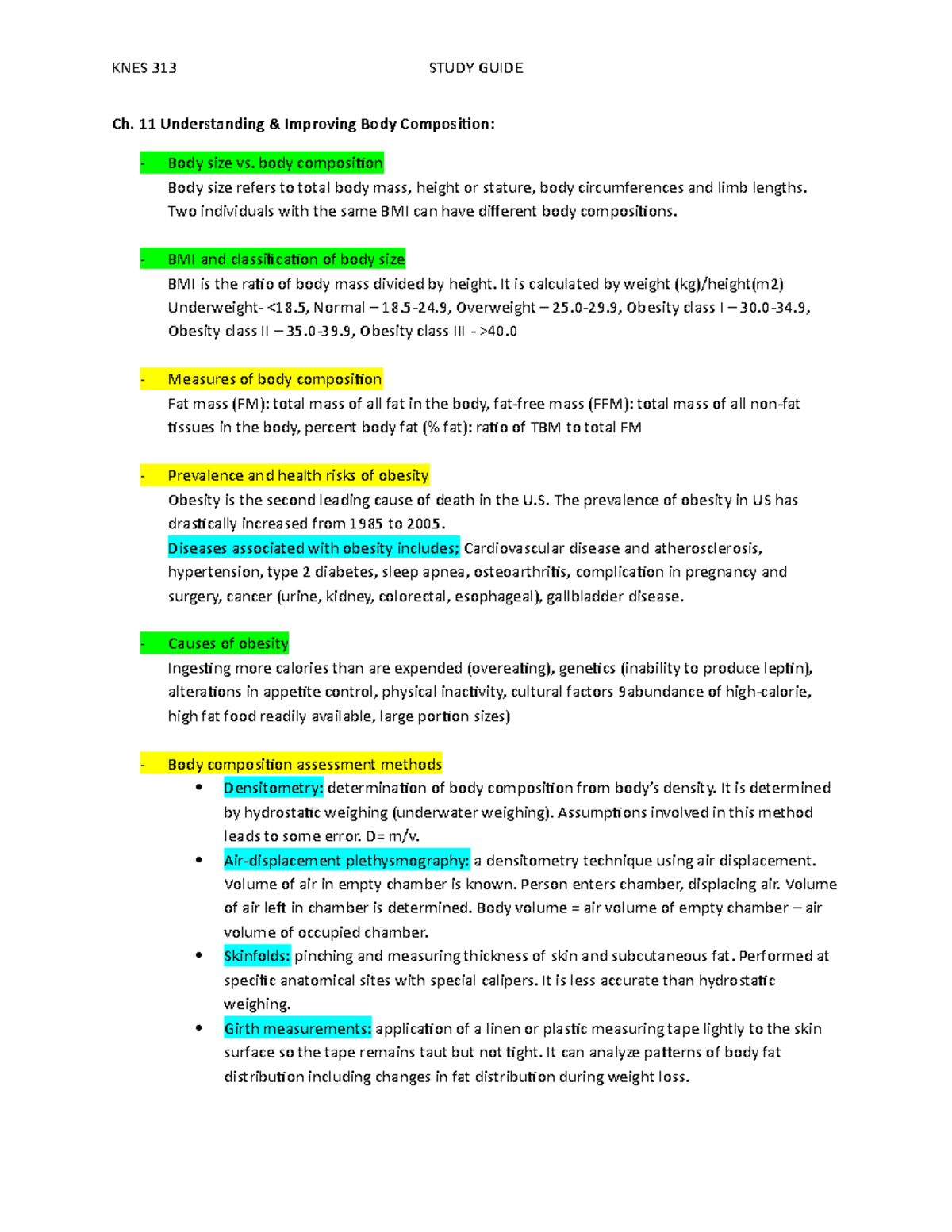 Chapter 11 Study Guide - KNES 313 STUDY GUIDE Ch. 11 Understanding ...
