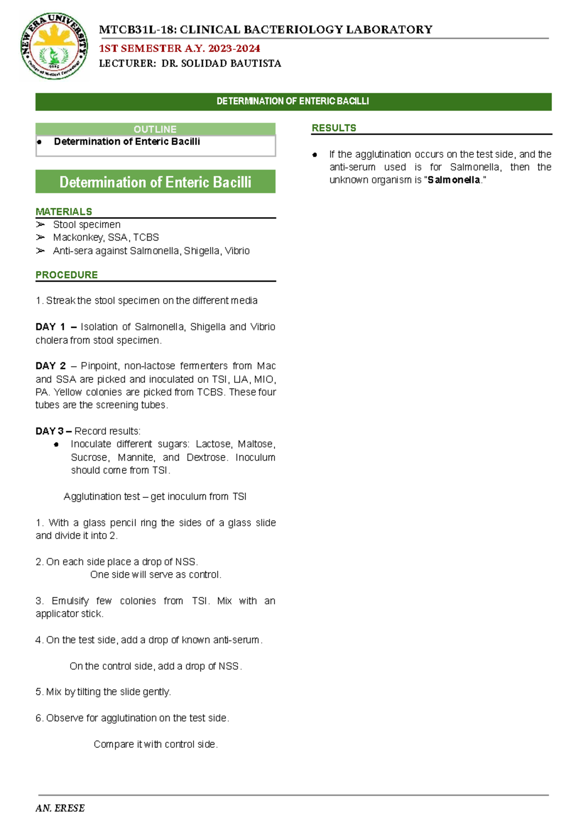 M11 Enteric Bacte Lab - MTCB31L-18: CLINICAL BACTERIOLOGY LABORATORY ...