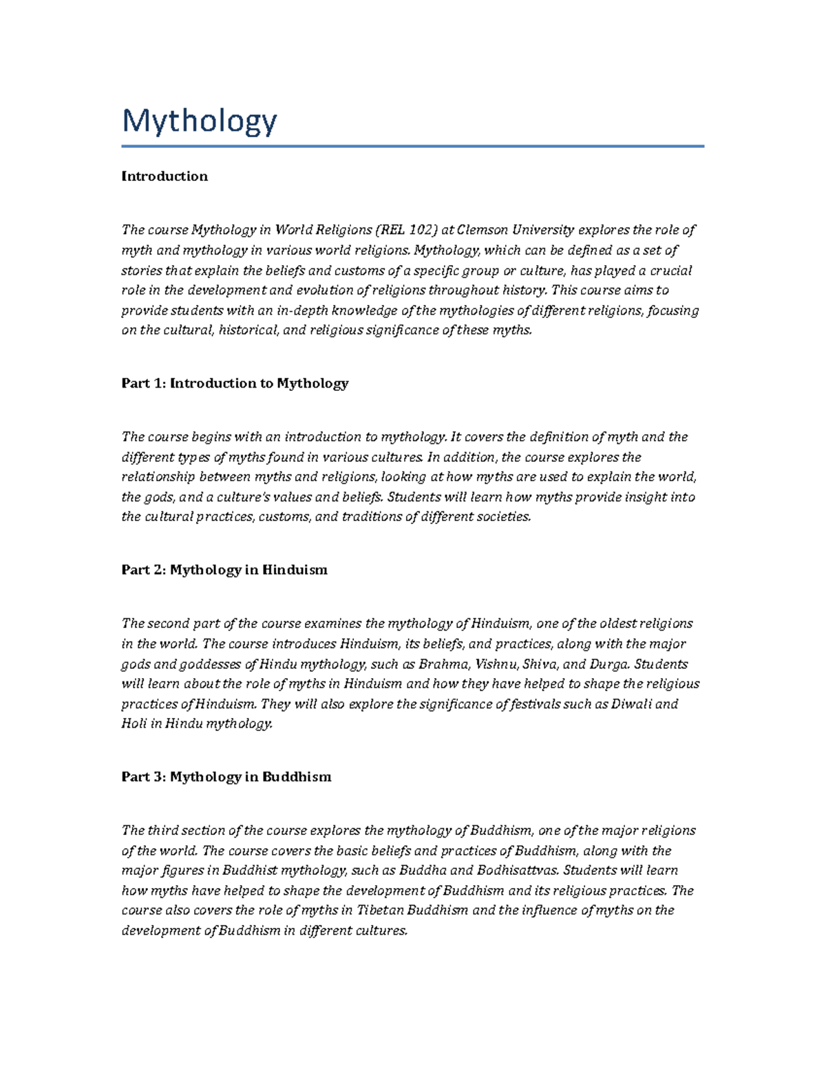 Mythology - World Religions (REL 102) Lecture notes - Mythology ...