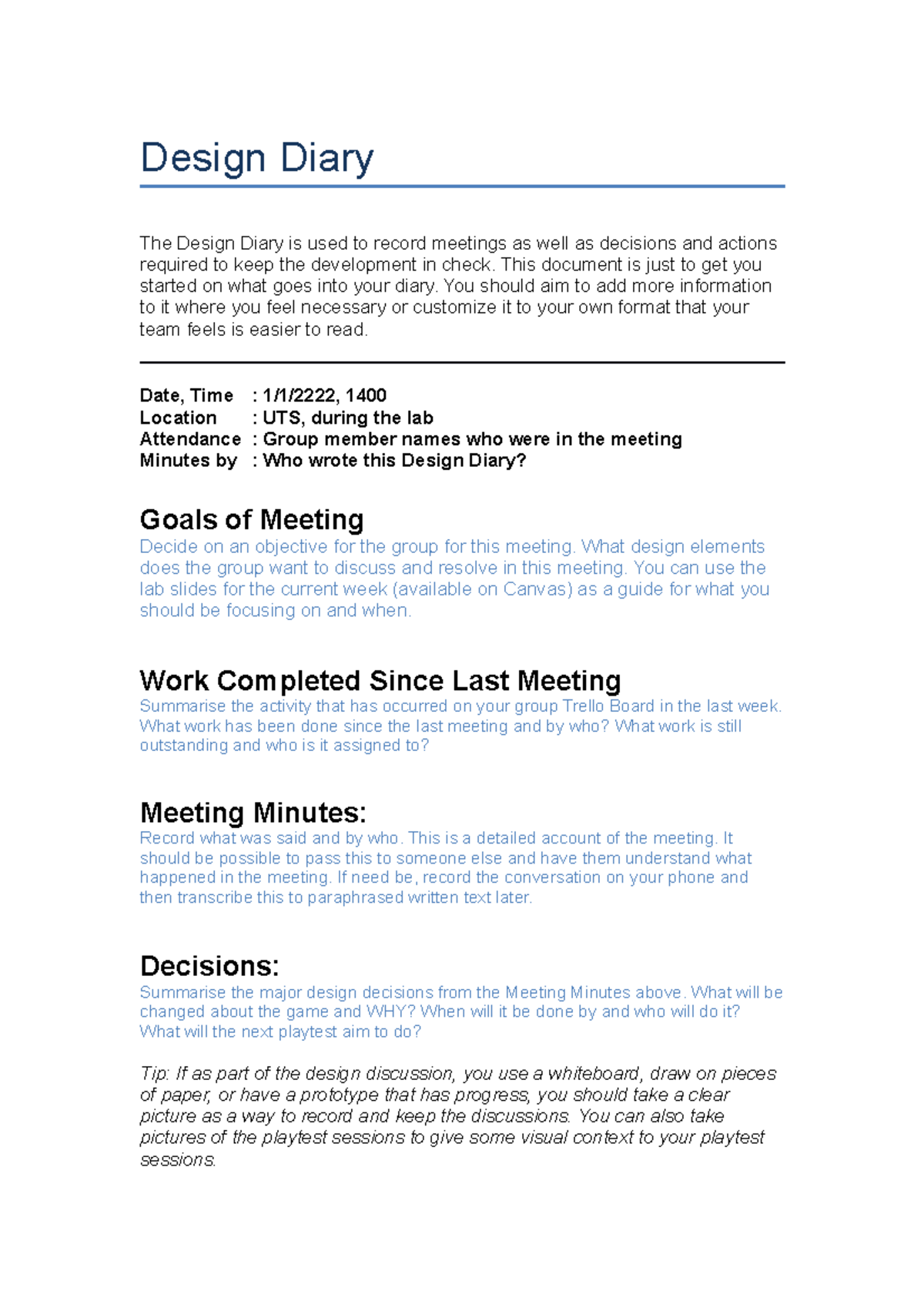 Design Diary and Playtest Record - Design Diary The Design Diary is ...