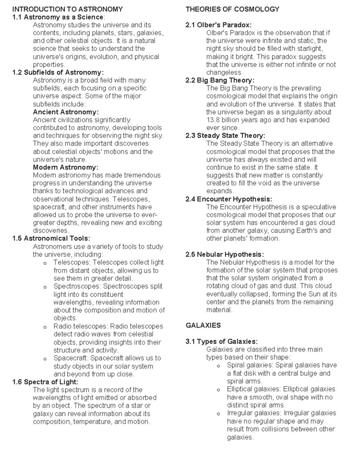 Astronomy Prelim EXAM Summary - INTRODUCTION TO ASTRONOMY 1 Astronomy ...
