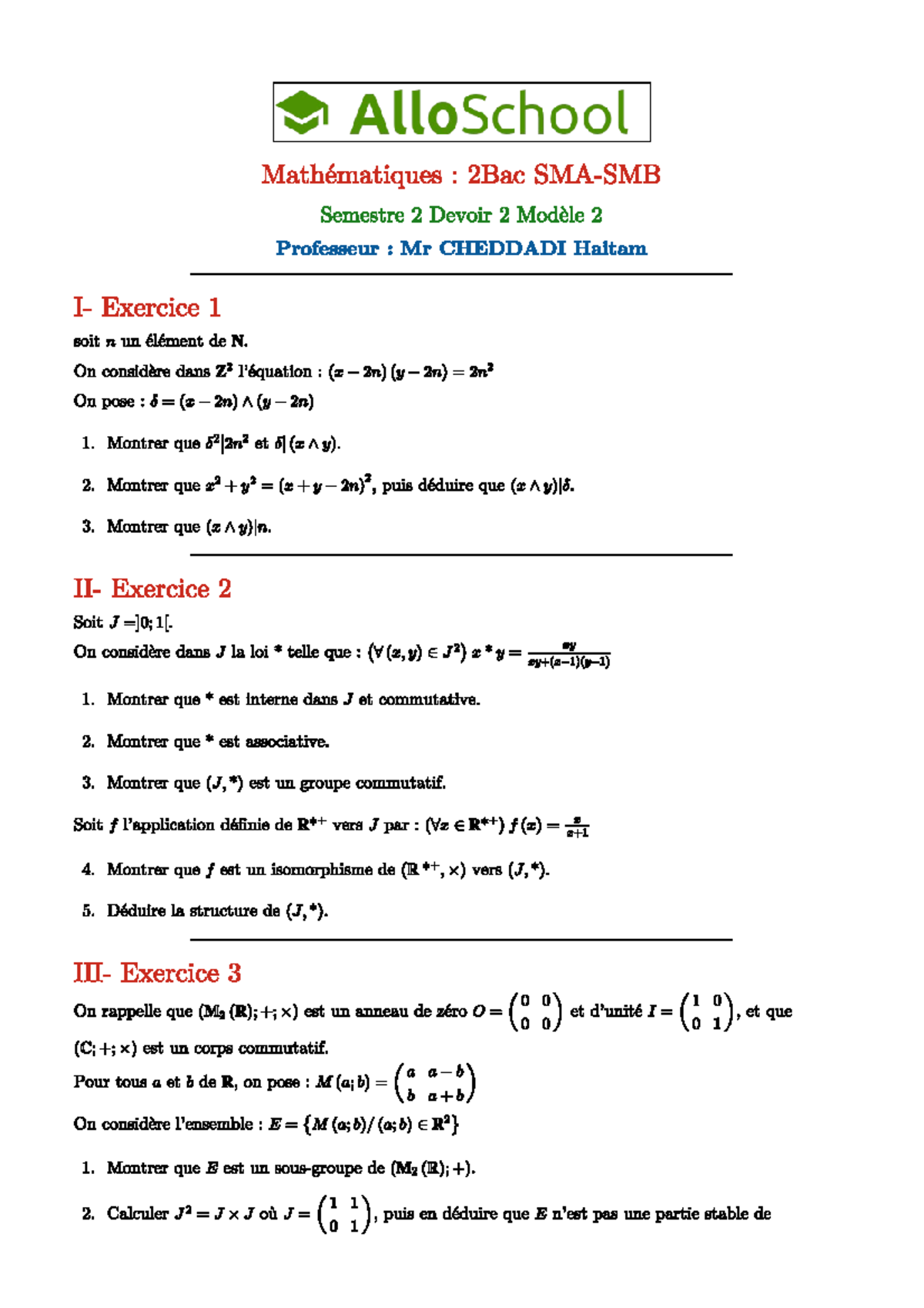 Maths 2bac sm semestre 2 devoir 2 modele 2 1 - Mathématiques de Base ...