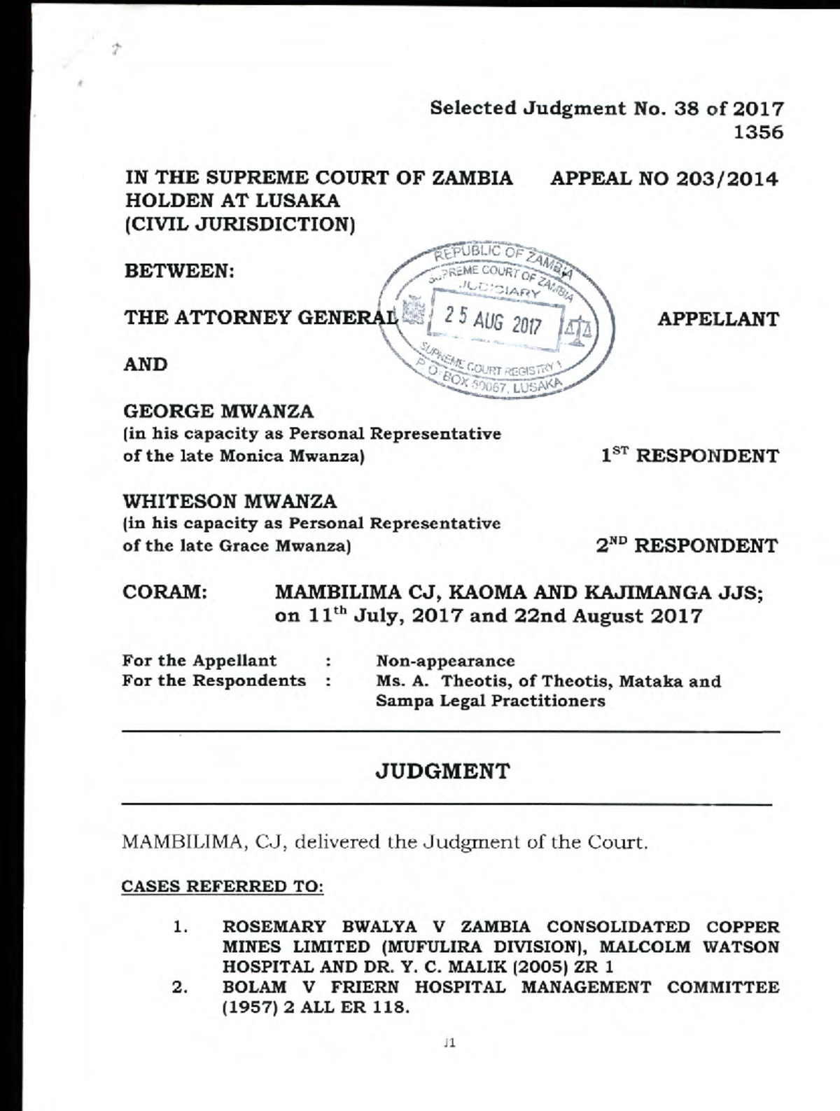 The Attorney General v George Mwanza & Whiteson Mwanza - Law of Tort ...