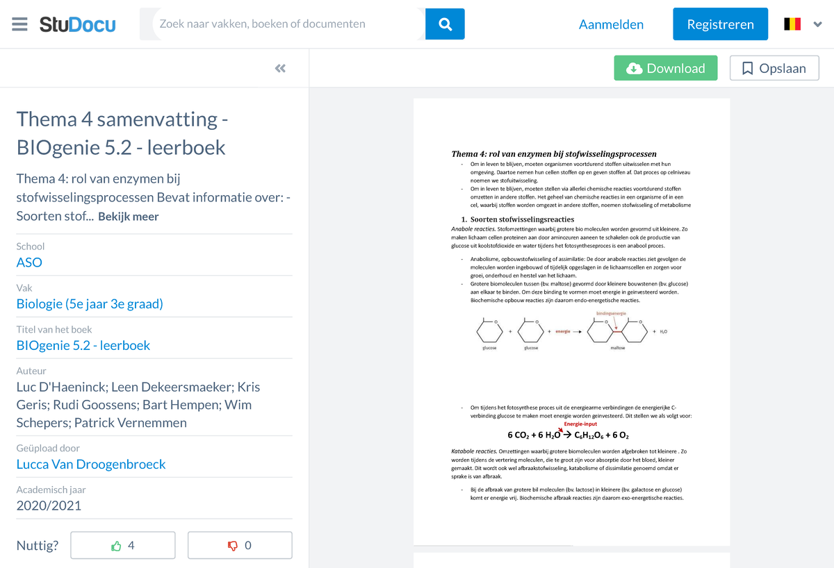 Thema 4 samenvatting - BIOgenie 5.2 - leerboek - Thema 4 rol van enzymen bij - Stu Docu - Thema ...